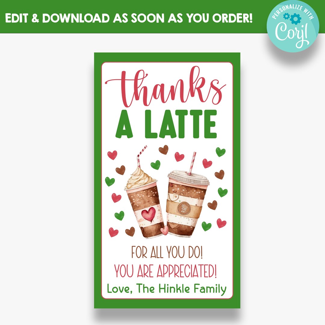 EDITABLE Thanks a Latte for All You Do Rectangle Coffee Shop ...