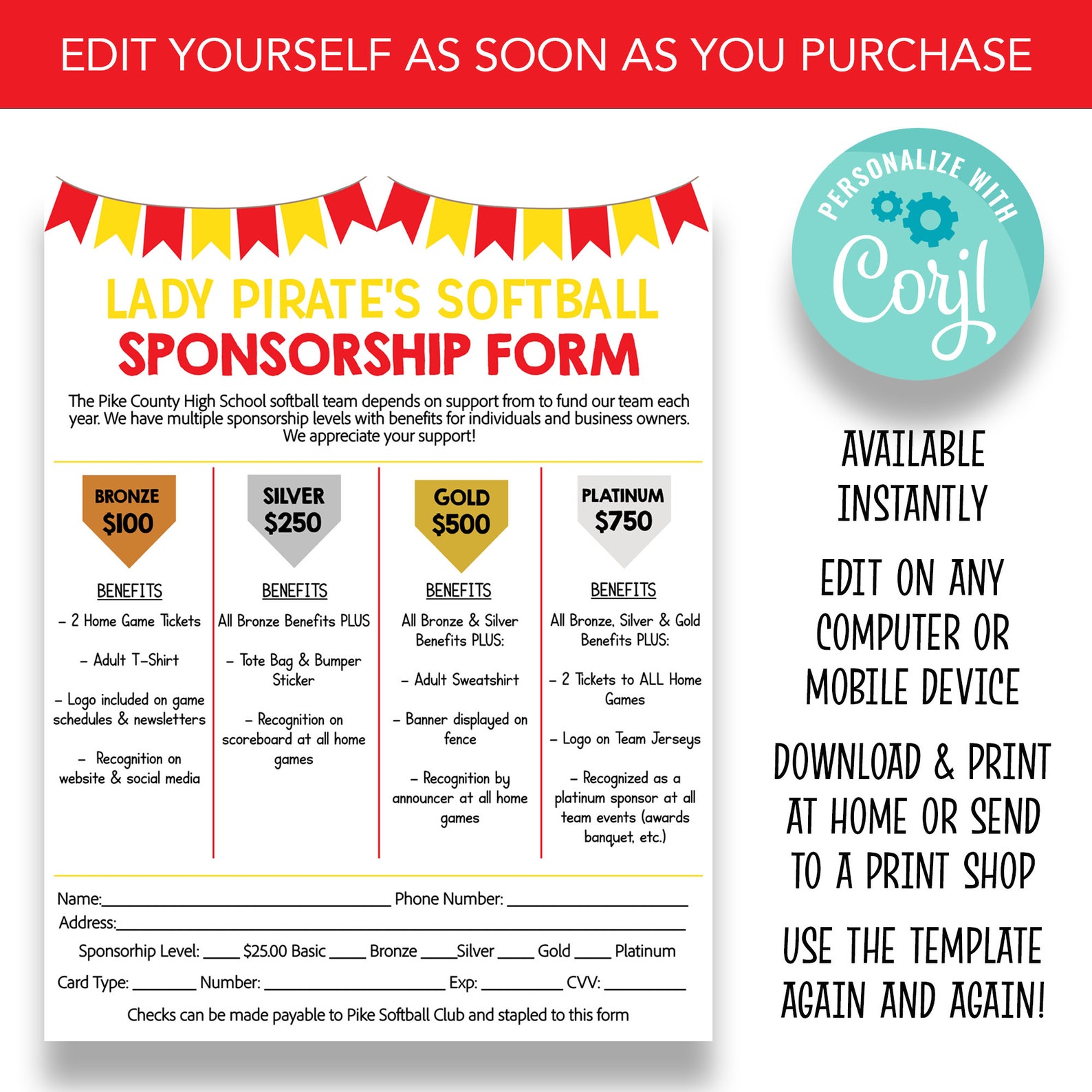 EDITABLE Softball Sponsorship Form Softball Membership Form - Etsy