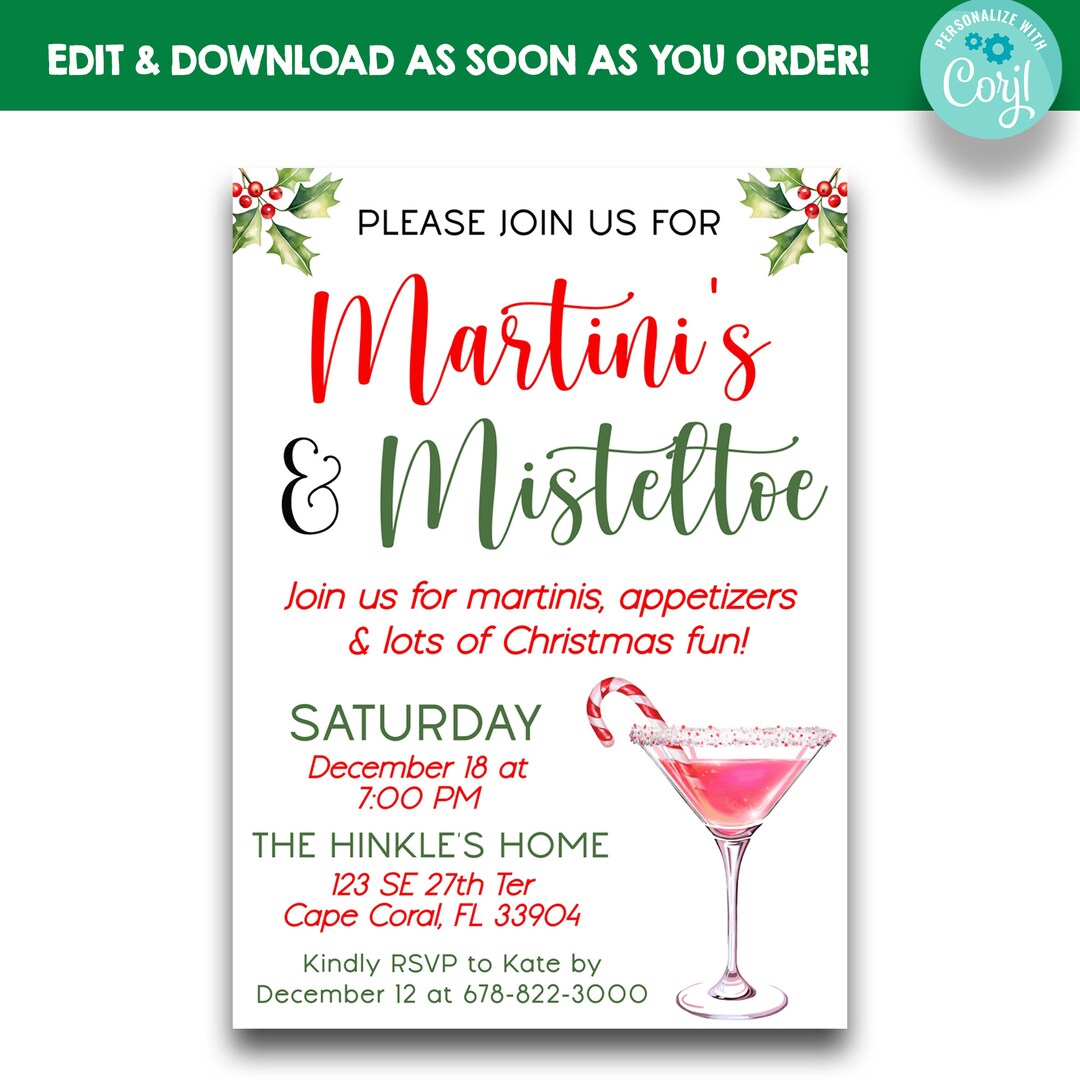 EDITABLE Martini's and Mistletoe Christmas Party Invitation | Christmas ...