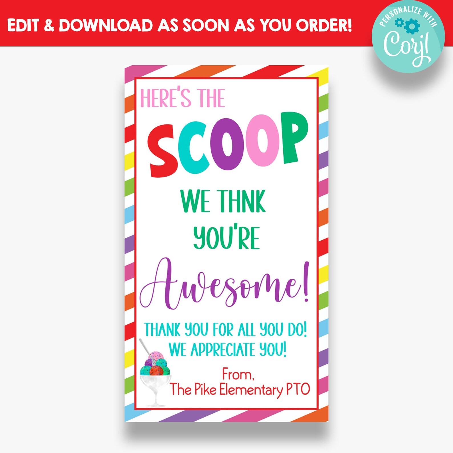 EDITABLE Here's the Scoop Rectangle Ice Cream Appreciation - Etsy