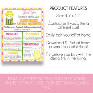 EDITABLE Lemonade Themed Teacher Appreciation Week Itinerary | Teacher ...