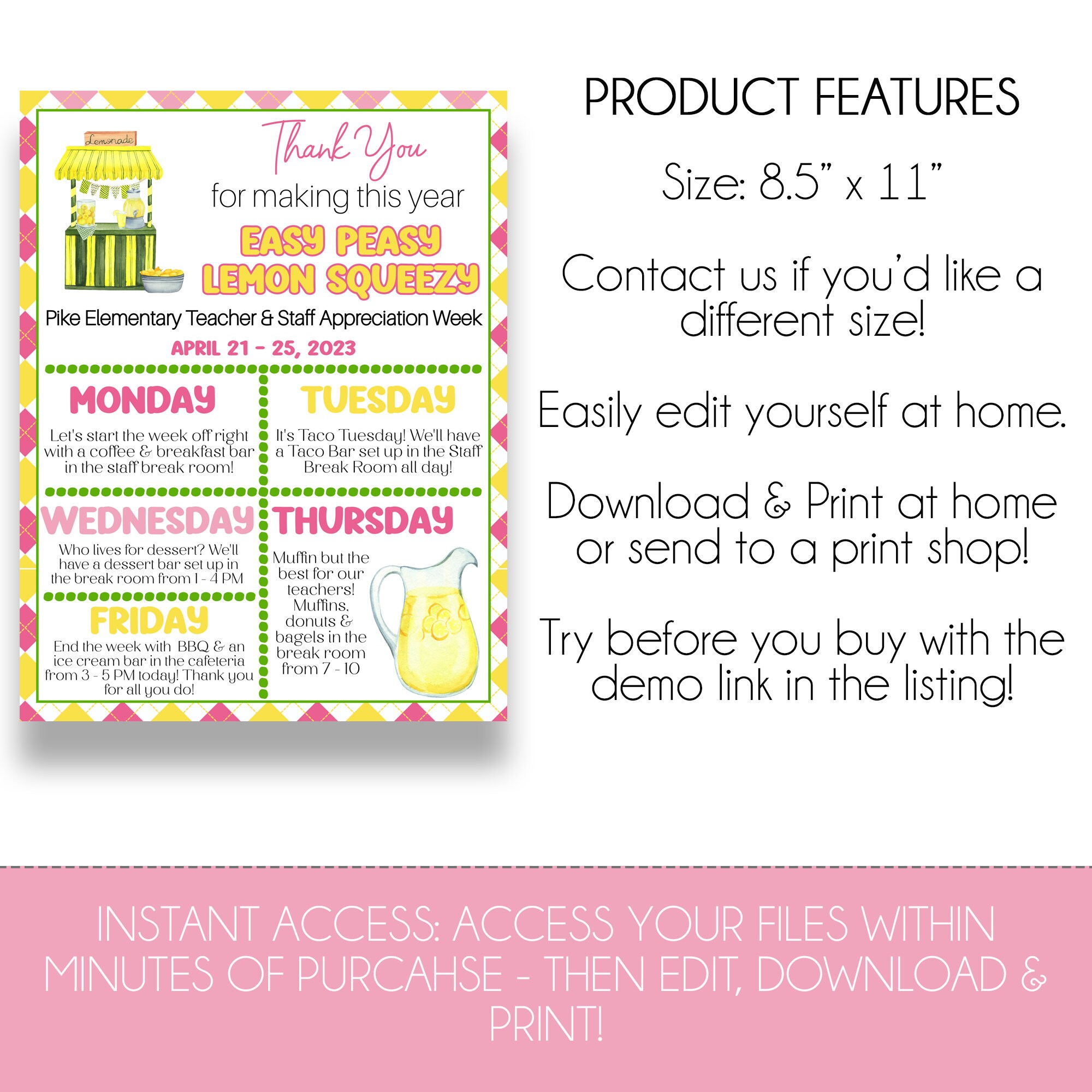 EDITABLE Lemonade Themed Teacher Appreciation Week Itinerary - Etsy