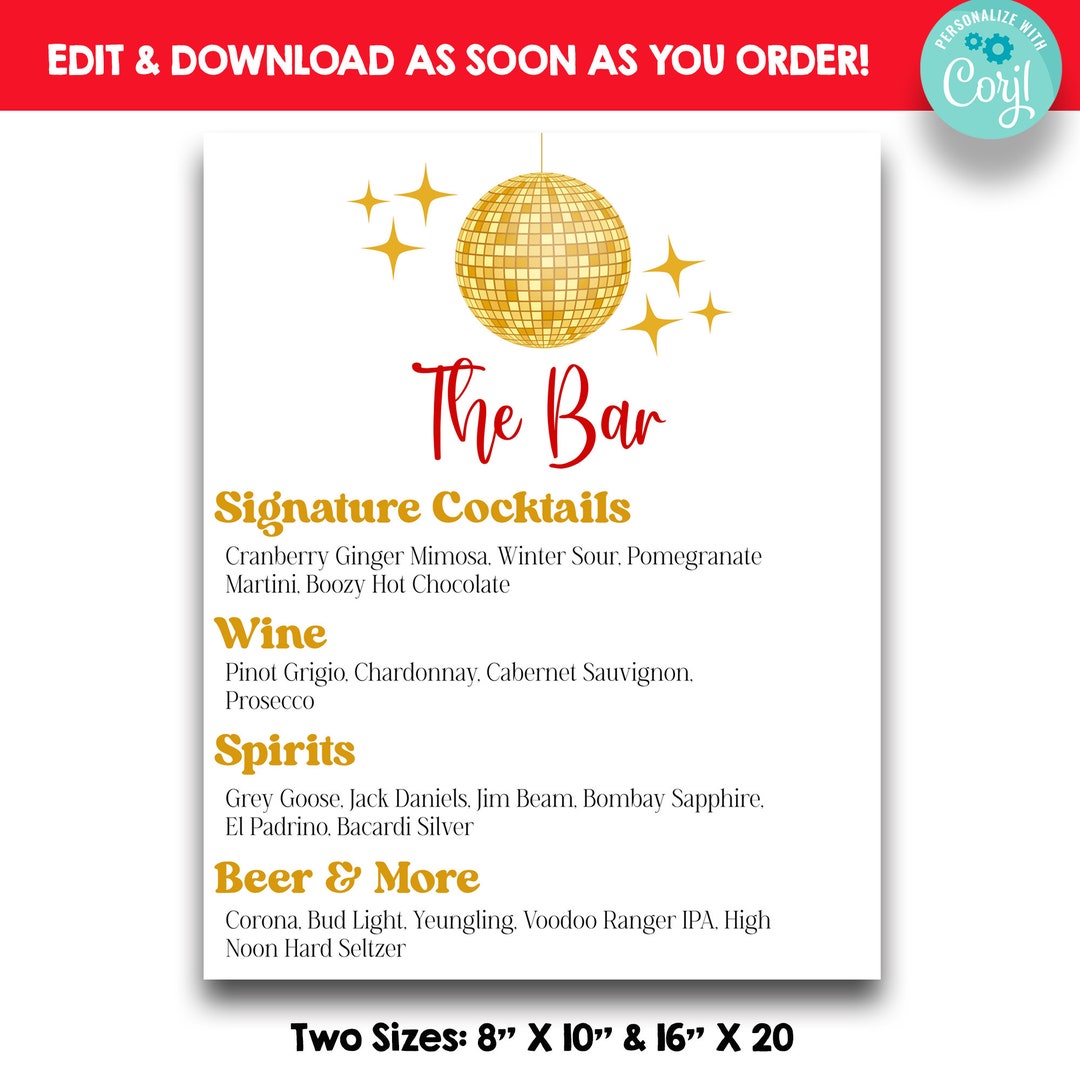 EDITABLE Gold Disco Party Bar Menu | Disco Ball Drink Menu | Retro ...
