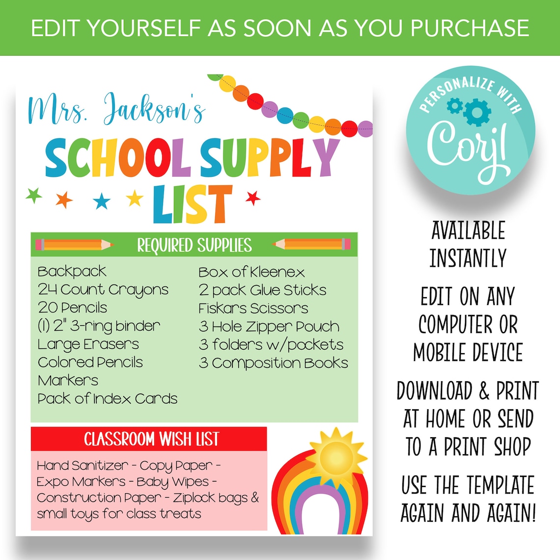 EDITABLE Rainbow School Supply List Printable | Elementary School ...