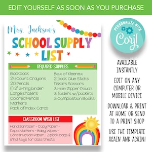 EDITABLE Rainbow School Supply List Printable | Elementary School ...