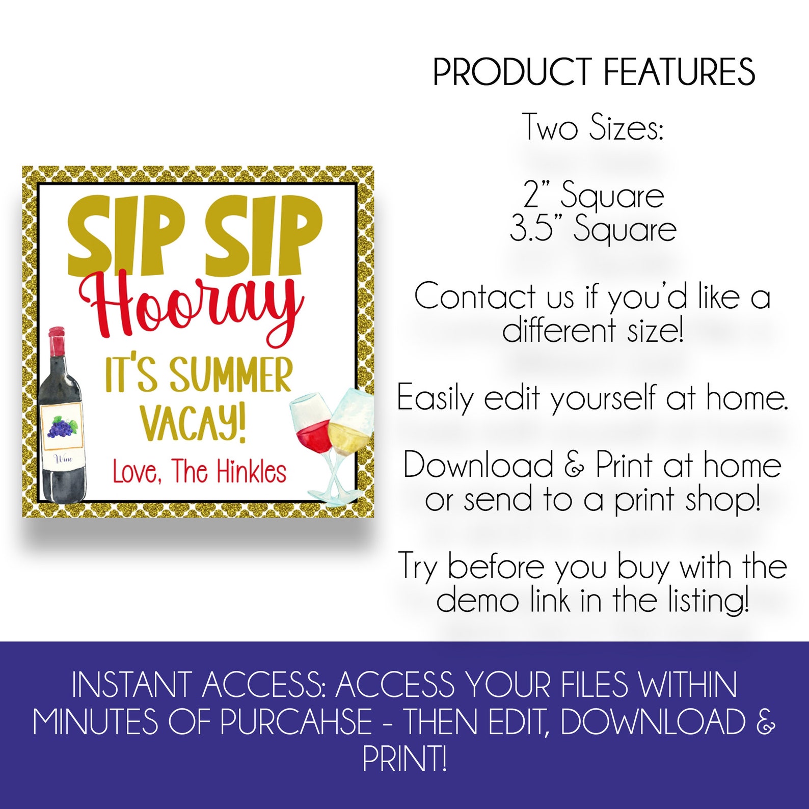 EDITABLE Sip Sip Hooray It's Summer Vacay Wine Gift Tags - Etsy