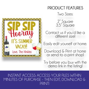 EDITABLE Sip Sip Hooray It's Summer Vacay Wine Gift Tags | Printable ...