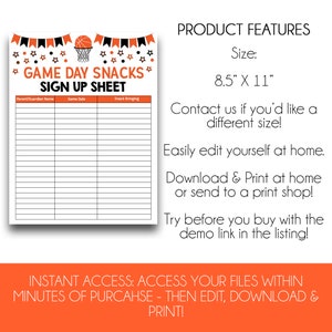 EDITABLE Basketball Game Day Snack Sign up Sheet | Game Day Snacks Sign ...