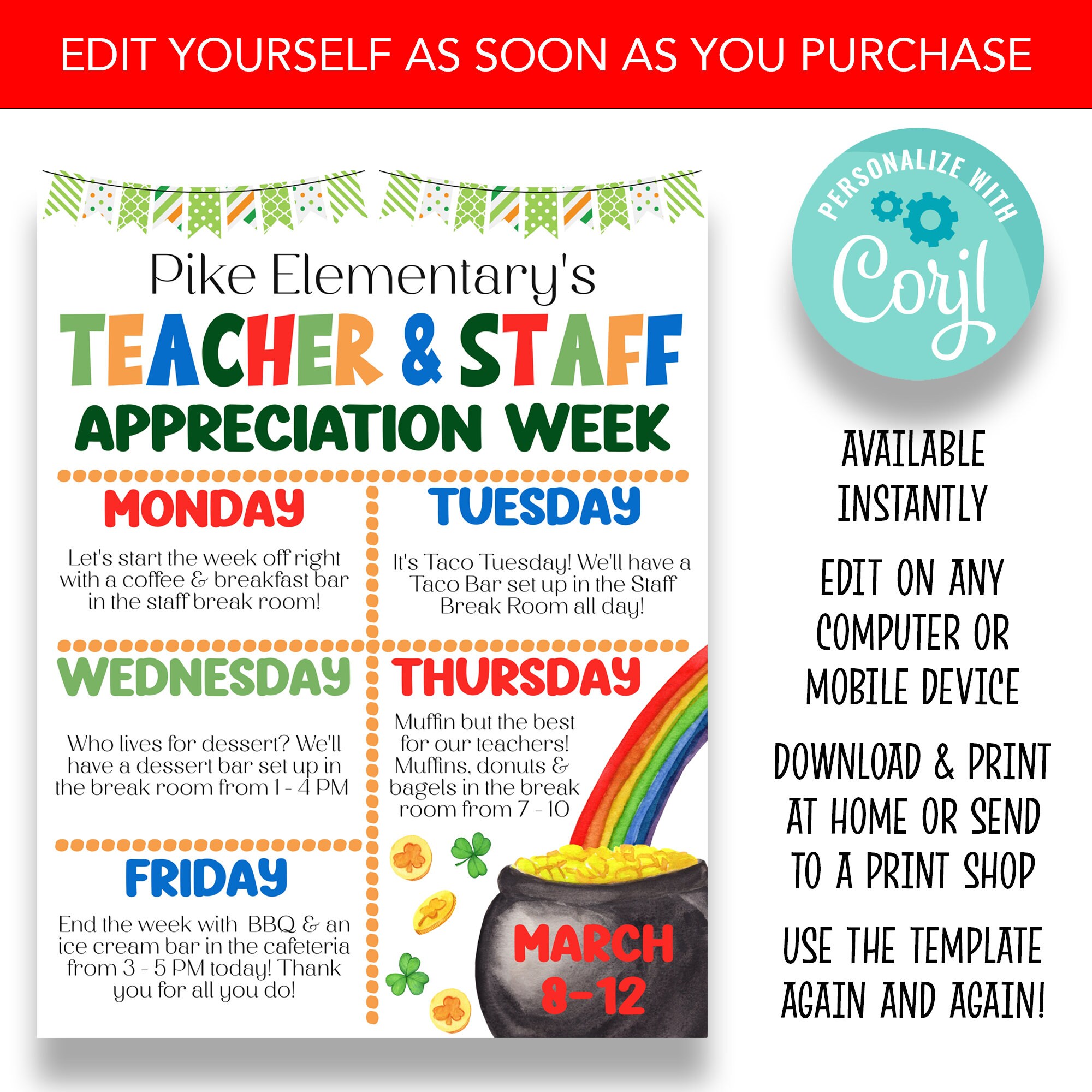 EDITABLE St. Patrick's Themed Teacher Appreciation Week Itinerary ...