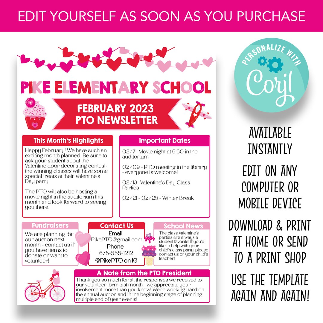 EDITABLE PTO School Newsletter February PTA Newsletter Template ...