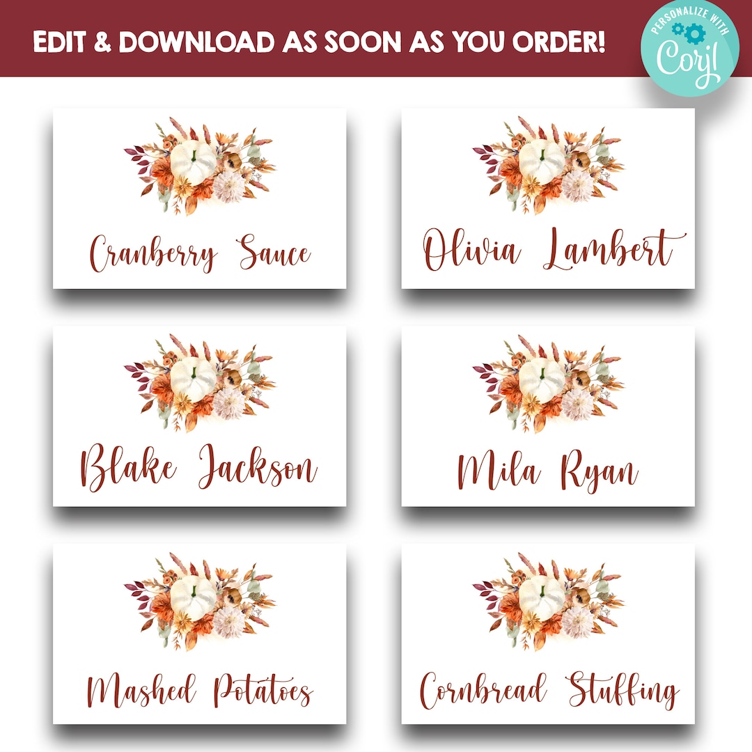 EDITABLE Thanksgiving Dinner Name Cards | Burgundy Floral Food Tent ...