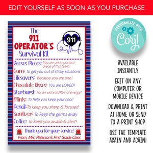 EDITABLE 911 Dispatcher's Survival Kit Tag | 911 Operator Thank You ...