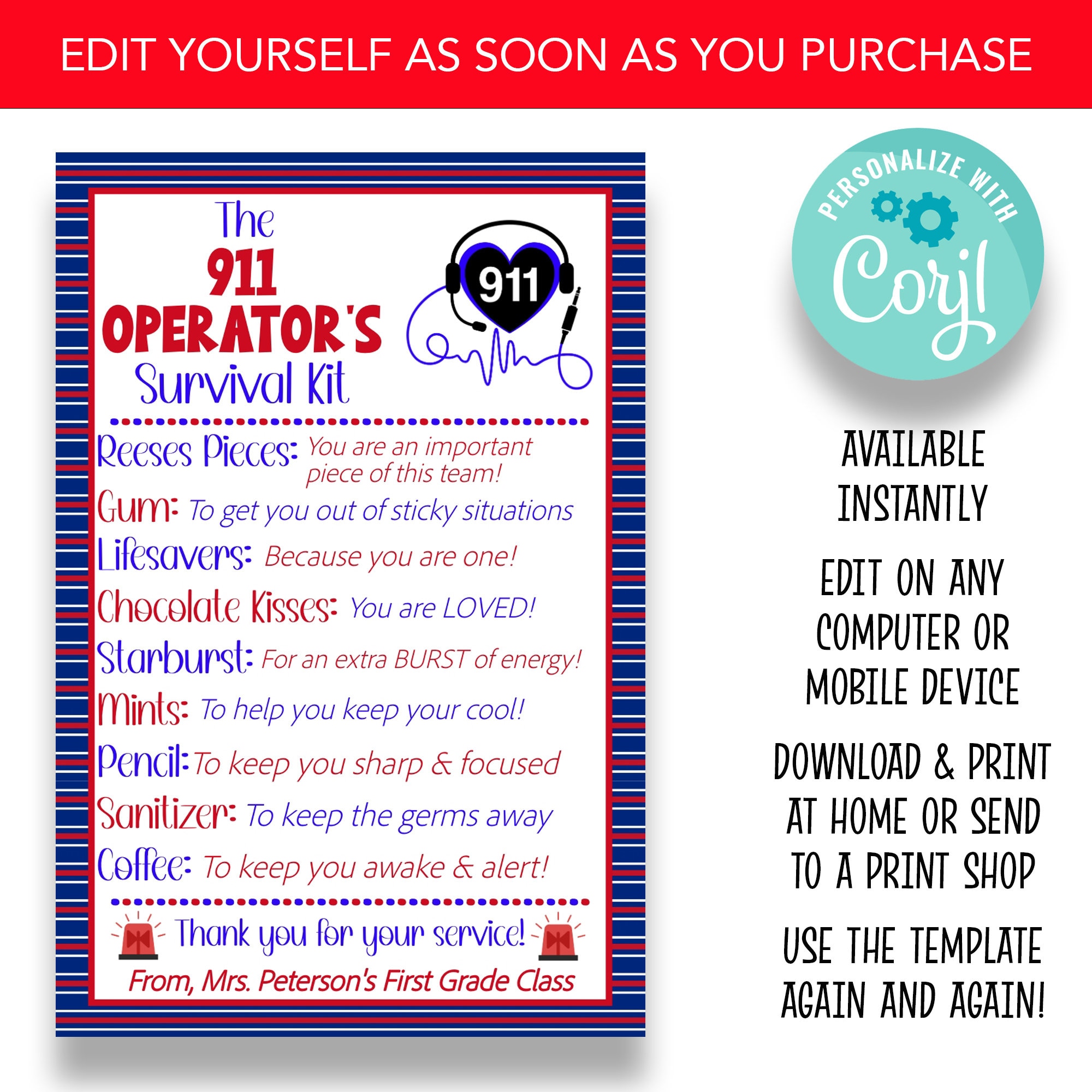 EDITABLE 911 Dispatcher's Survival Kit Tag 911 Operator - Etsy