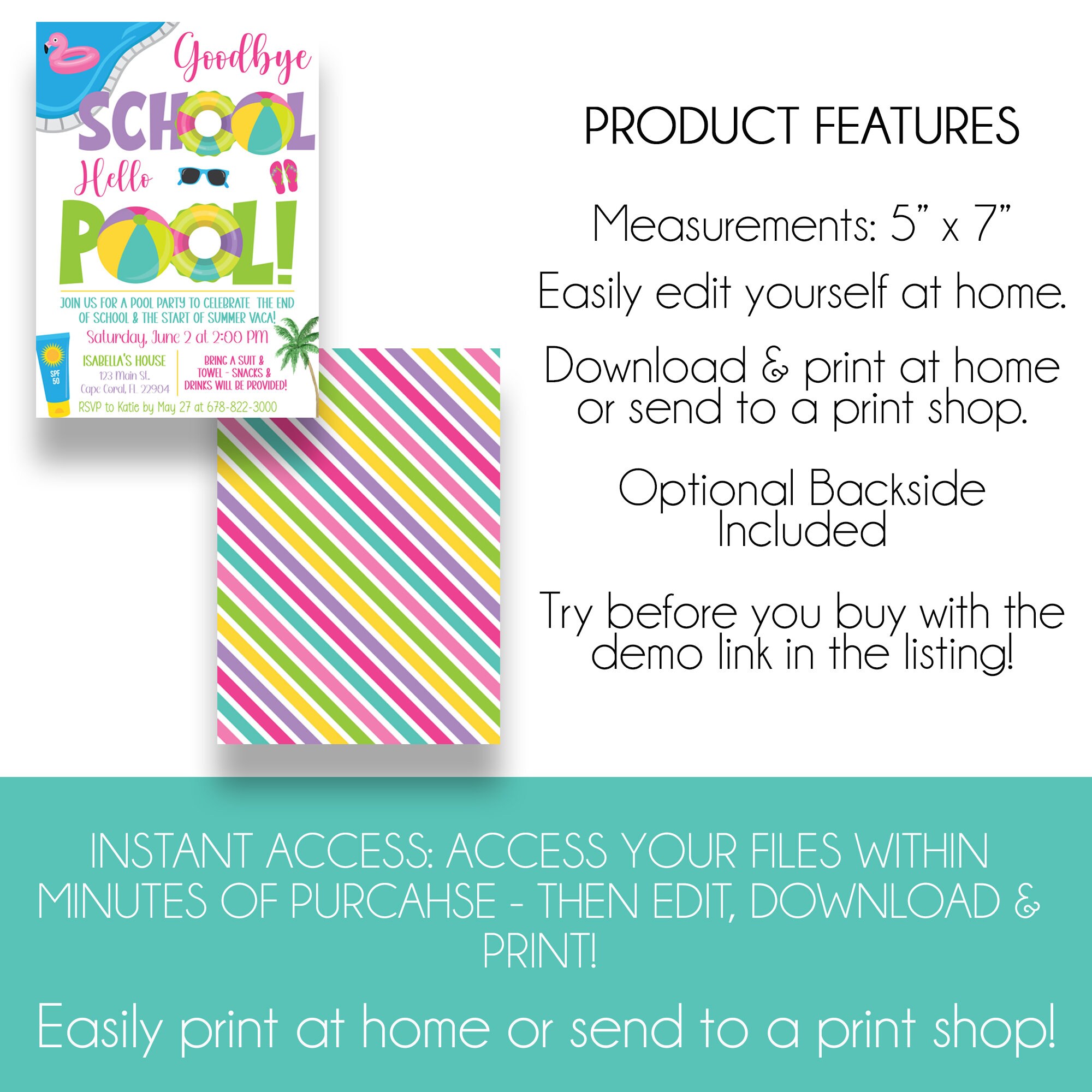 EDITABLE Goodbye School Hello Pool Party Invitations End of - Etsy