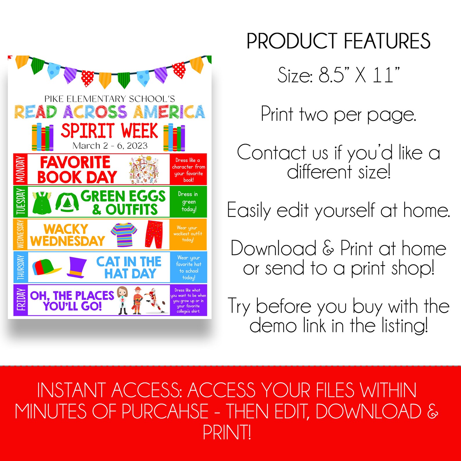 EDITABLE Read Across America Week Flyer | Printable Reading Spirit Week ...