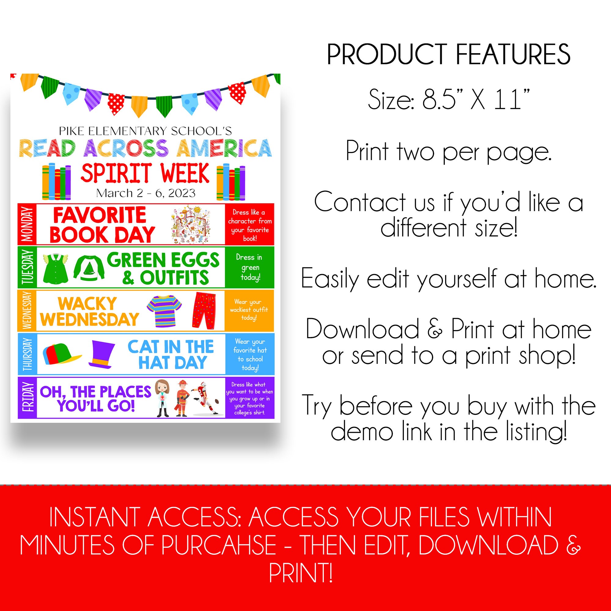 EDITABLE Read Across America Week Flyer | Printable Reading Spirit Week ...