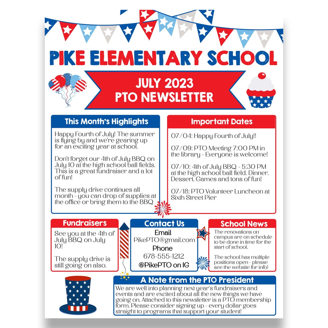 EDITABLE PTO School Newsletter July PTA Newsletter Template - Etsy