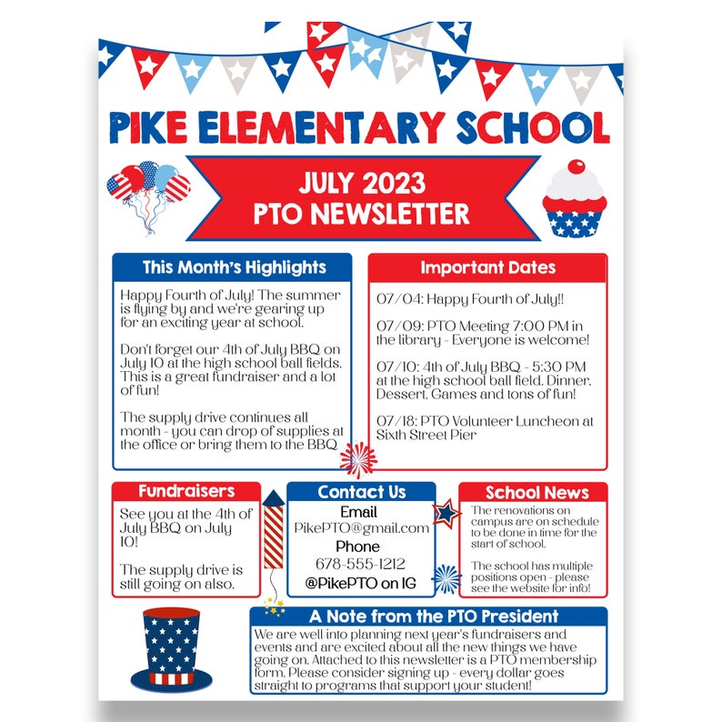 EDITABLE PTO School Newsletter July PTA Newsletter Template - Etsy