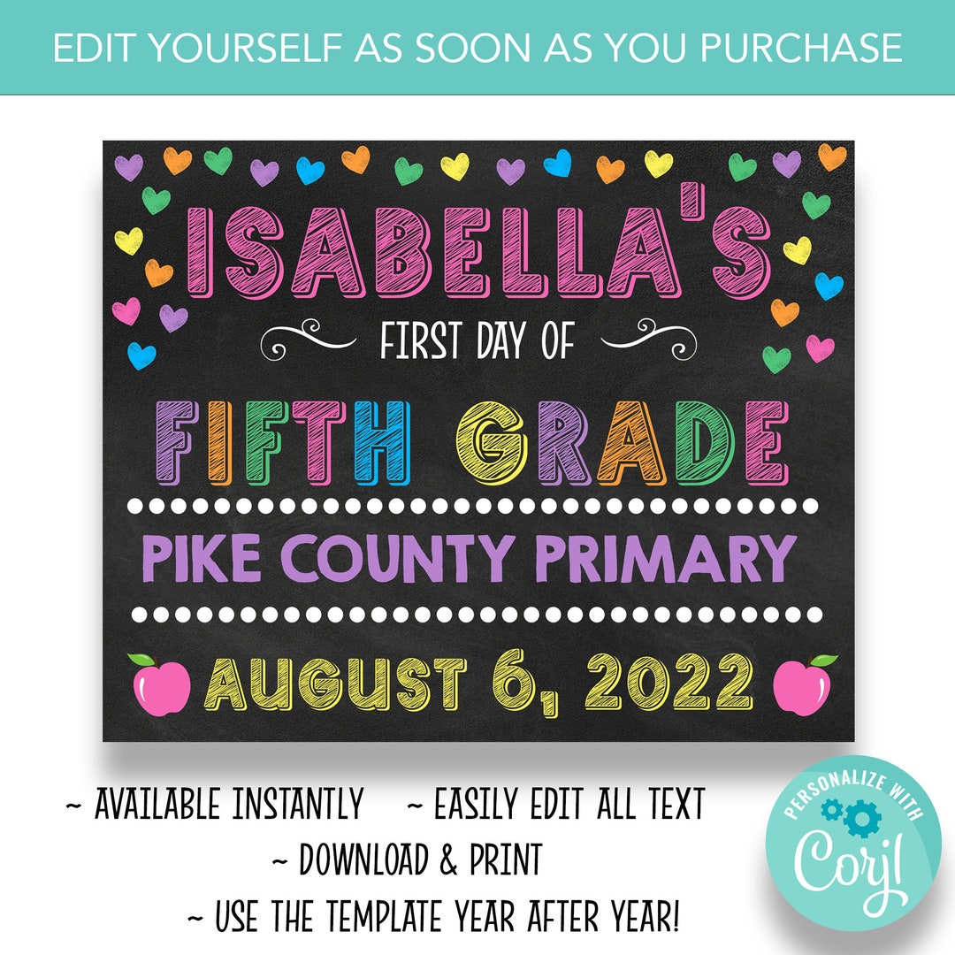 Editable Personalized First Day of Fifth Grade Sign | Pastel Chalkboard ...