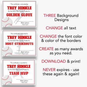 EDITABLE Baseball Award Certificates | Printable Baseball Awards ...