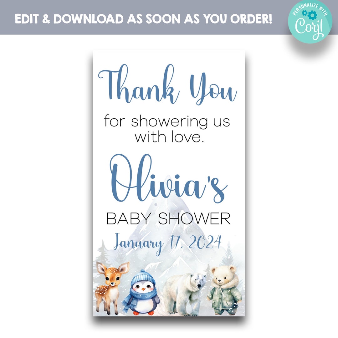 EDITABLE Winter Woodland Baby Shower Favor Tags | Printable Blue Baby ...