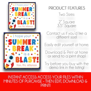 EDITABLE I Hope Your Summer Break is a Blast Rocket Ship Treat Tags ...