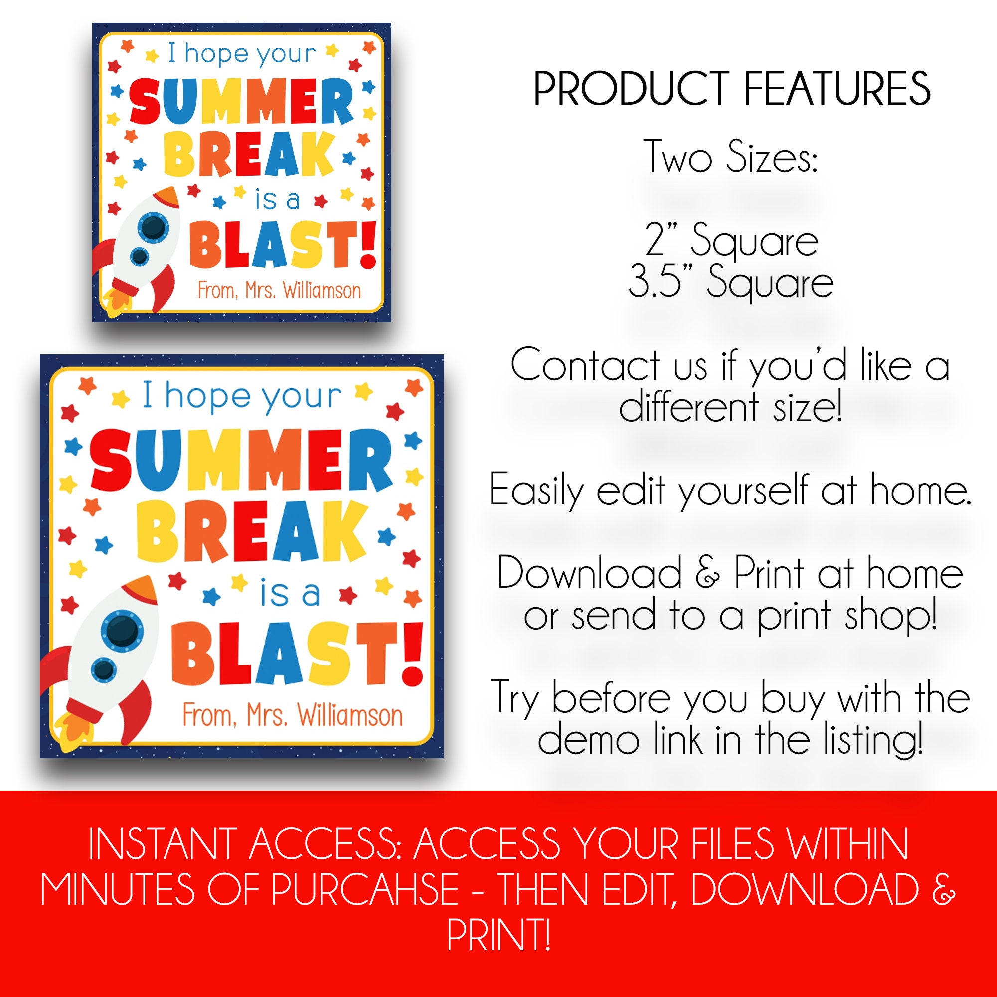 EDITABLE I Hope Your Summer Break is a Blast Rocket Ship Treat Tags ...