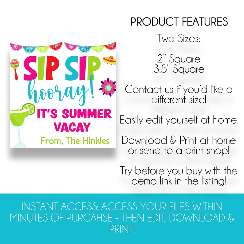 EDITABLE Sip Sip Hooray It's Summer Vacay Margarita Gift - Etsy