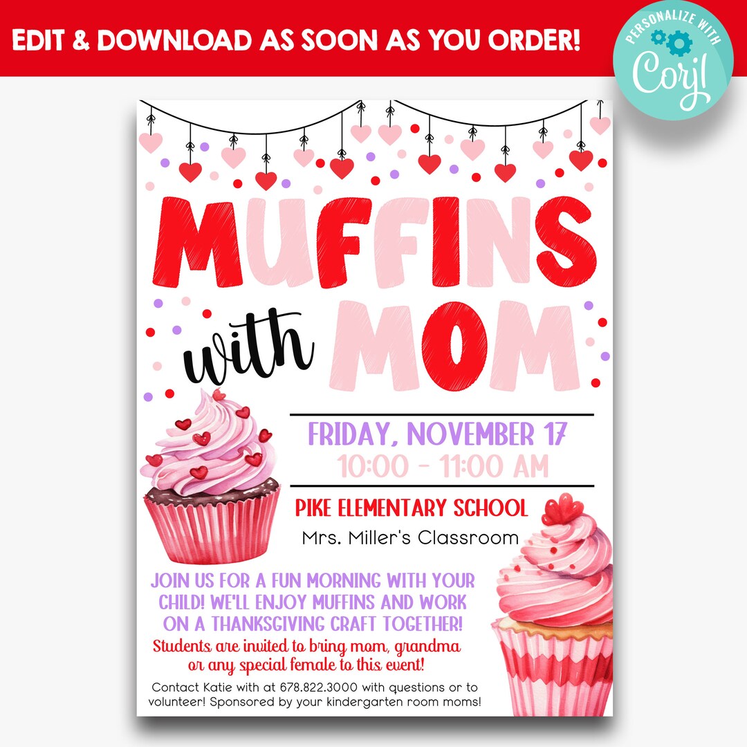 EDITABLE Valentine's Day Themed Muffins With Mom Flyer Muffins With Mom ...