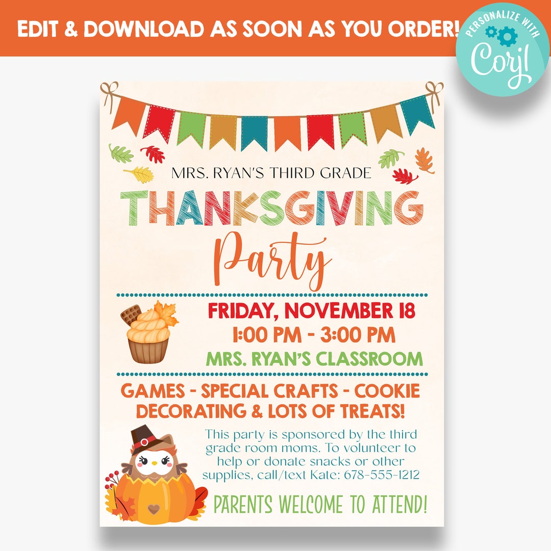 EDITABLE Thanksgiving Class Party Flyer | School Fall Party Newsletter ...