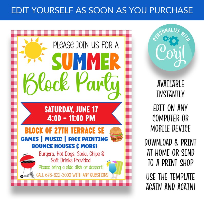 EDITABLE Summer Block Party Invite Flyer Neighborhood Party - Etsy