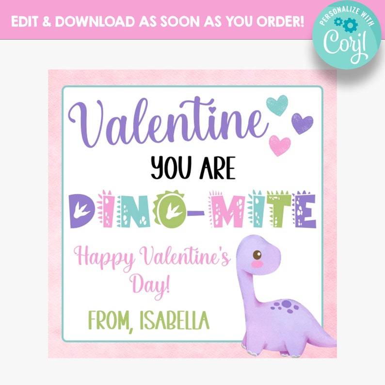 EDITABLE Pastel Dinosaur Valentine's Favor Tag | You're DINO-MITE Kids ...
