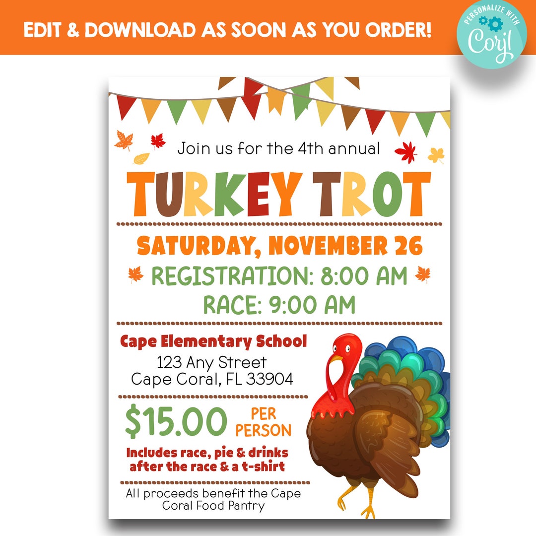 EDITABLE Turkey Trot Flyer | Thanksgiving Race Flyer | Thanksgiving ...