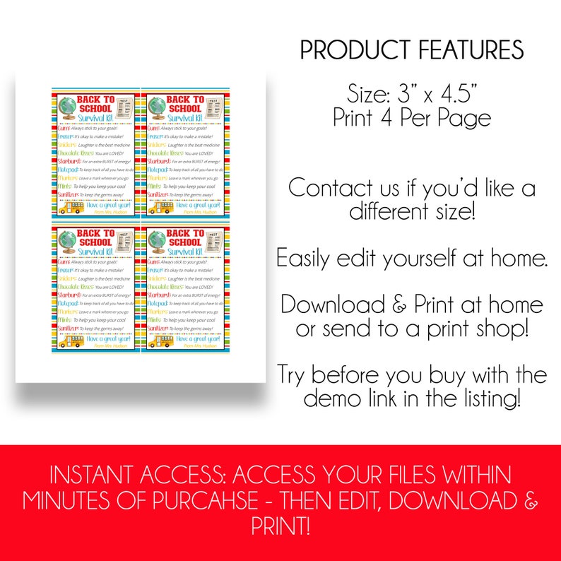 EDITABLE Back to School Survival Kit Gift Tags | Back to School Treat ...