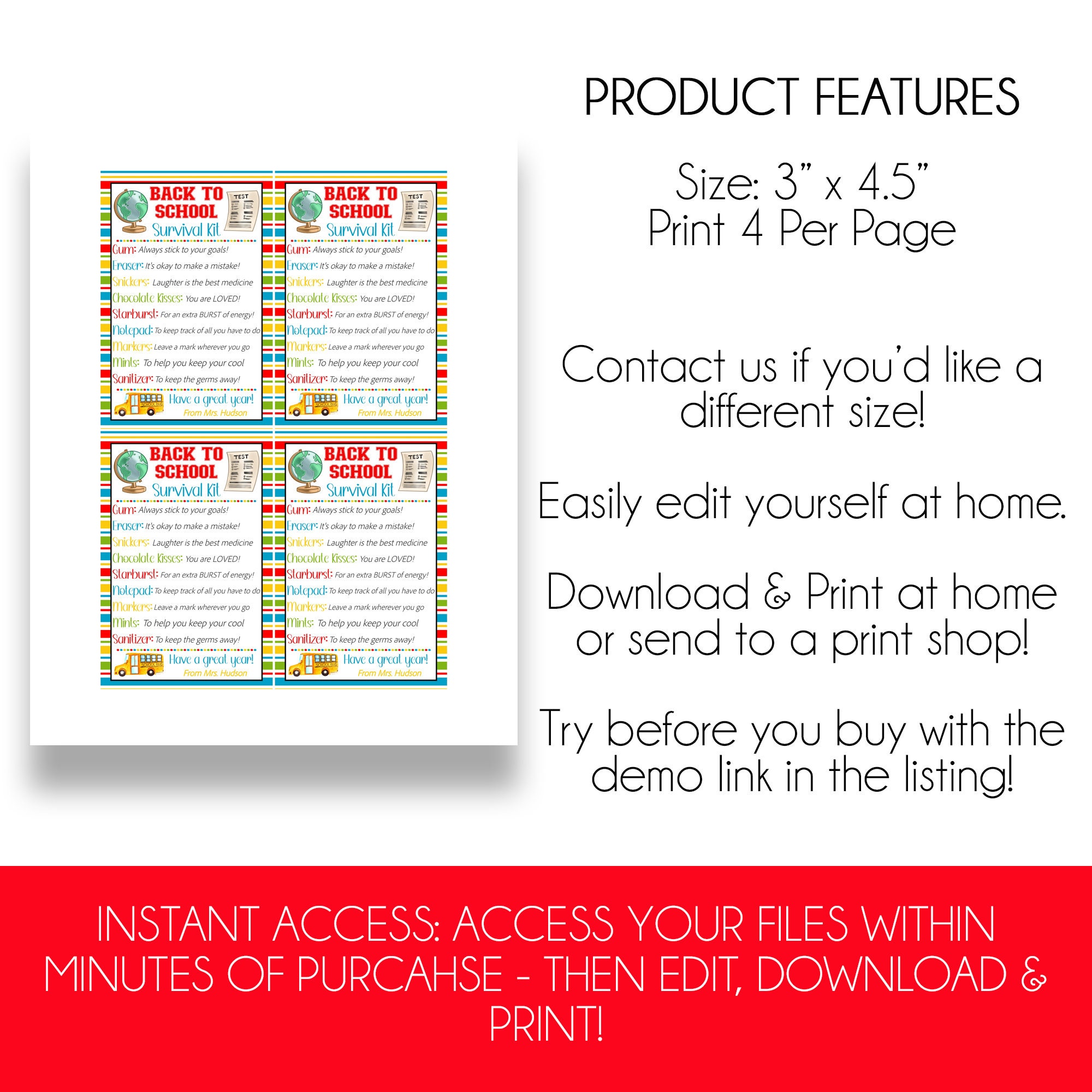 EDITABLE Back to School Survival Kit Gift Tags | Back to School Treat ...