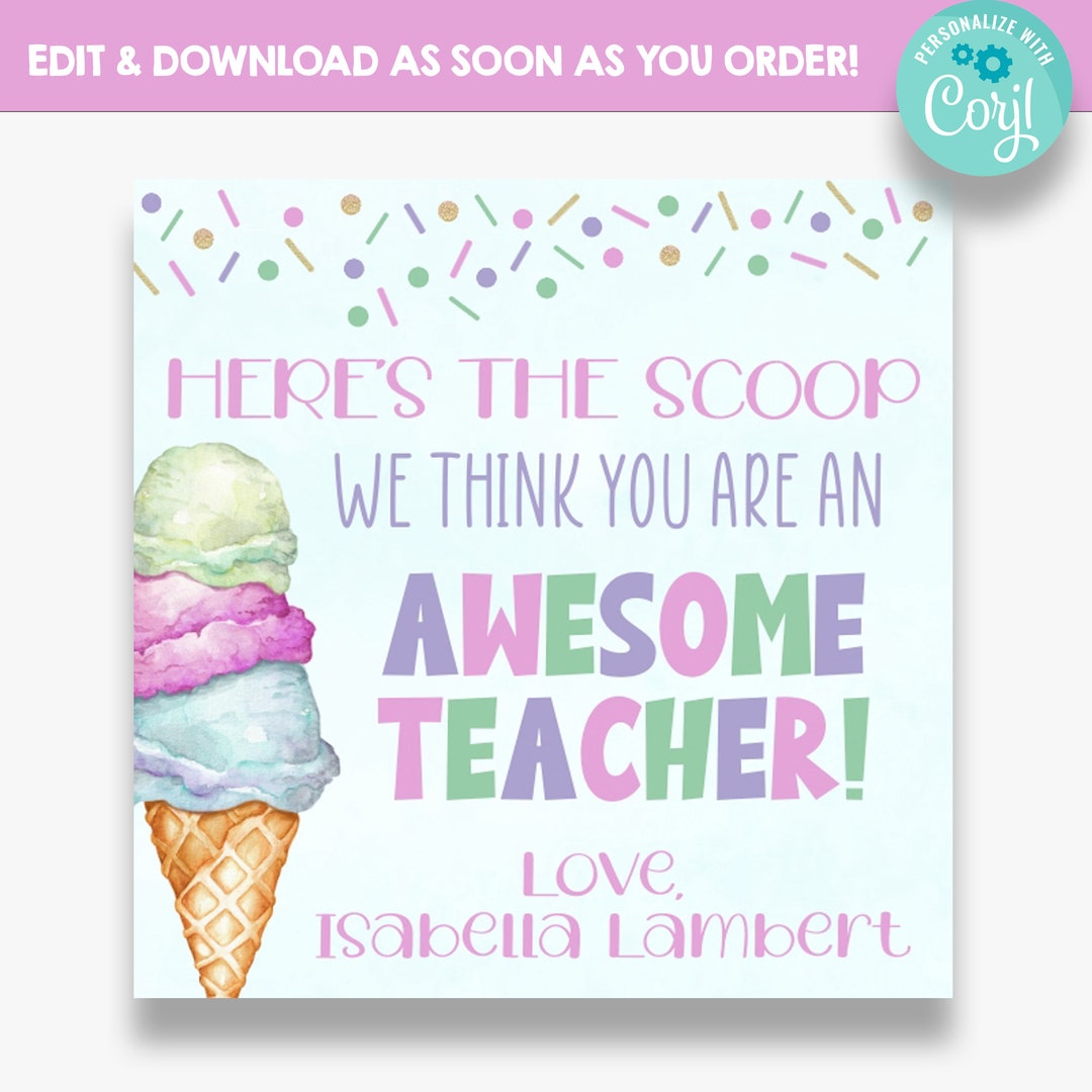 EDITABLE Blue Here's the Scoop Square Ice Cream Appreciation Gift Tags ...