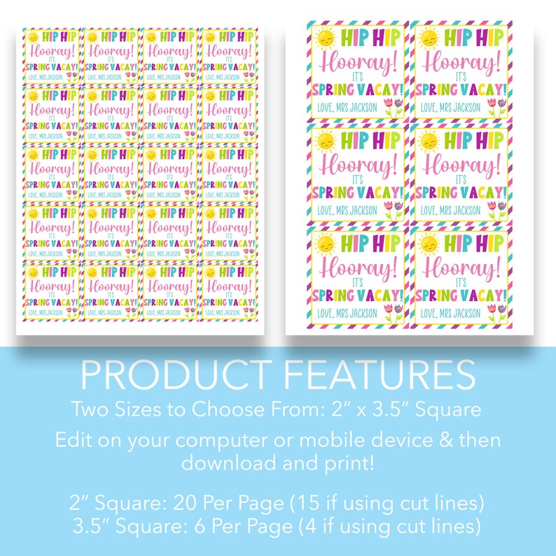 EDITABLE Hip Hip Hooray It's Spring Vacay Treat Bag Tags - Etsy