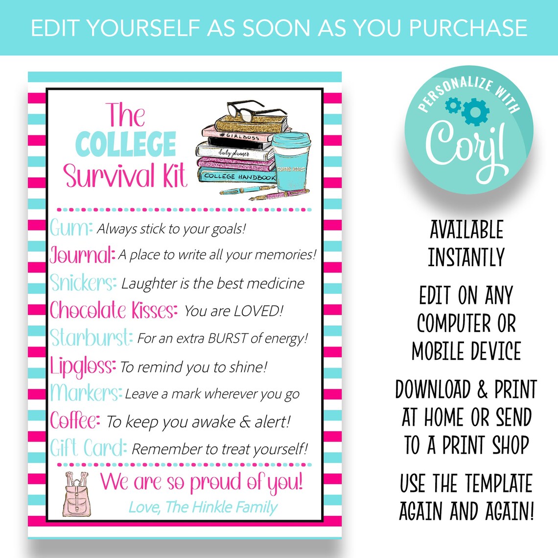 EDITABLE College Survival Kit Gift Tags | Printable Going Away to ...