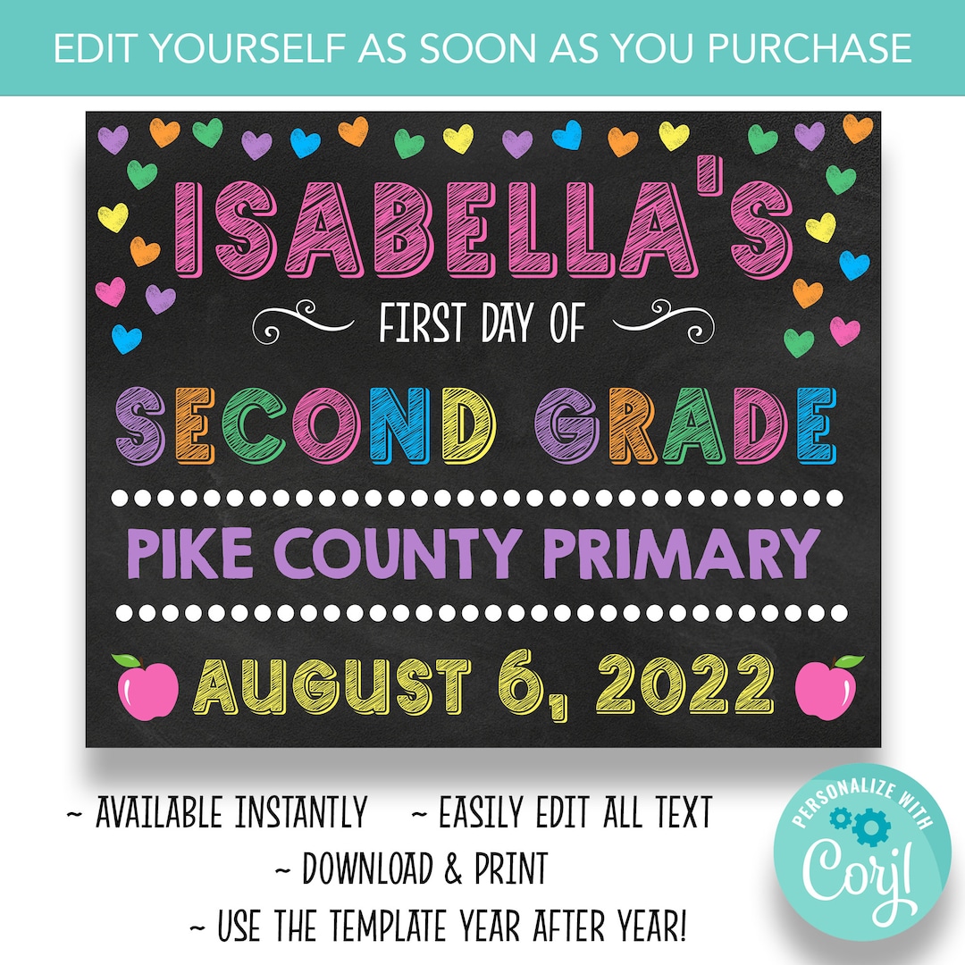 Editable Personalized First Day of Second Grade Sign | Pastel ...