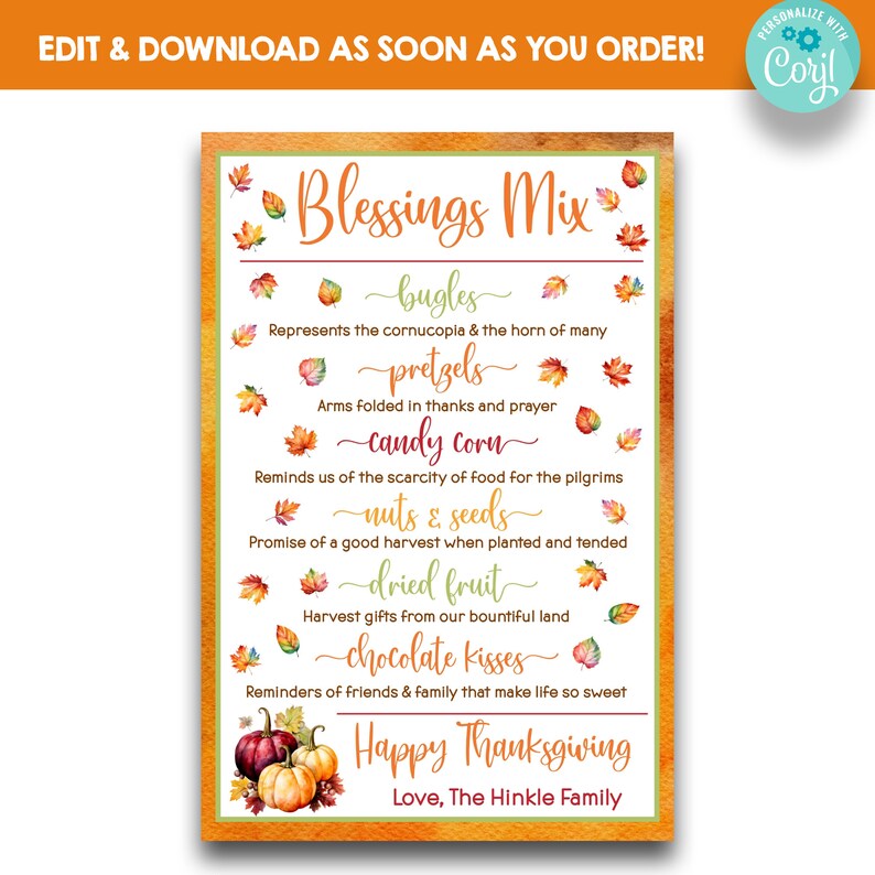 EDITABLE Thanksgiving Blessings Mix Treat Bag Tag | Fall Appreciation ...