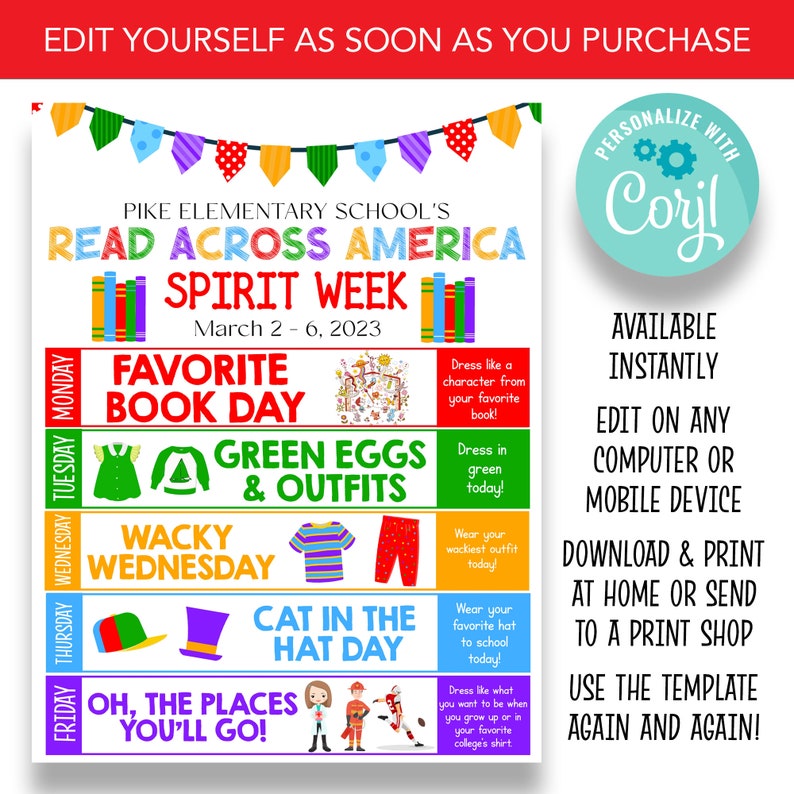 EDITABLE Read Across America Week Flyer | Printable Reading Spirit Week ...
