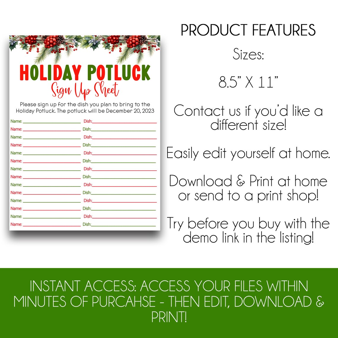 EDITABLE Holiday Potluck Sign up Sheet | Christmas Potluck Sign up ...