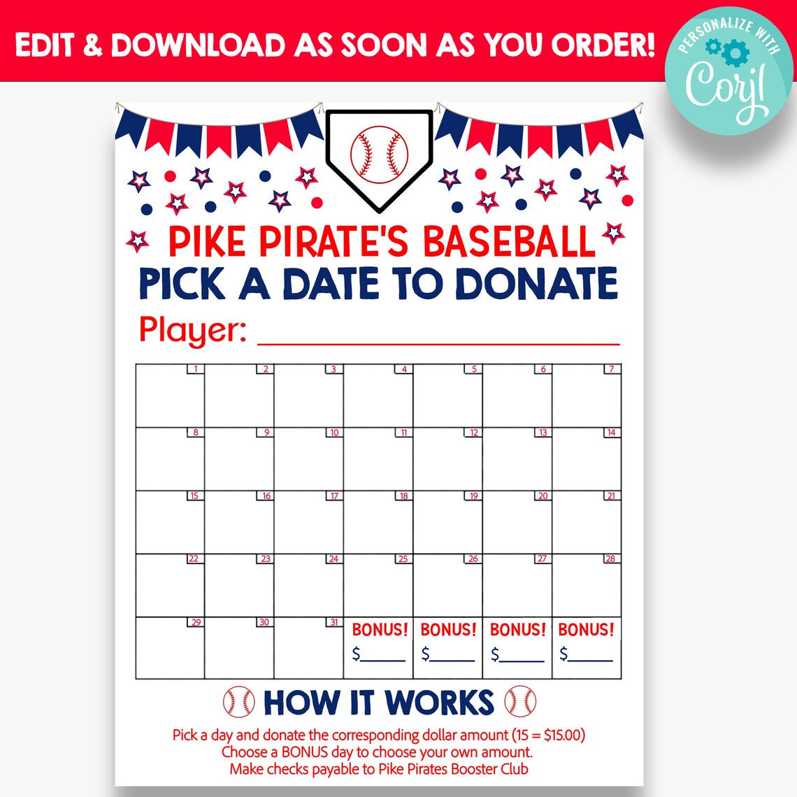 EDITABLE Pick a Date to Donate Printable Baseball Team - Etsy