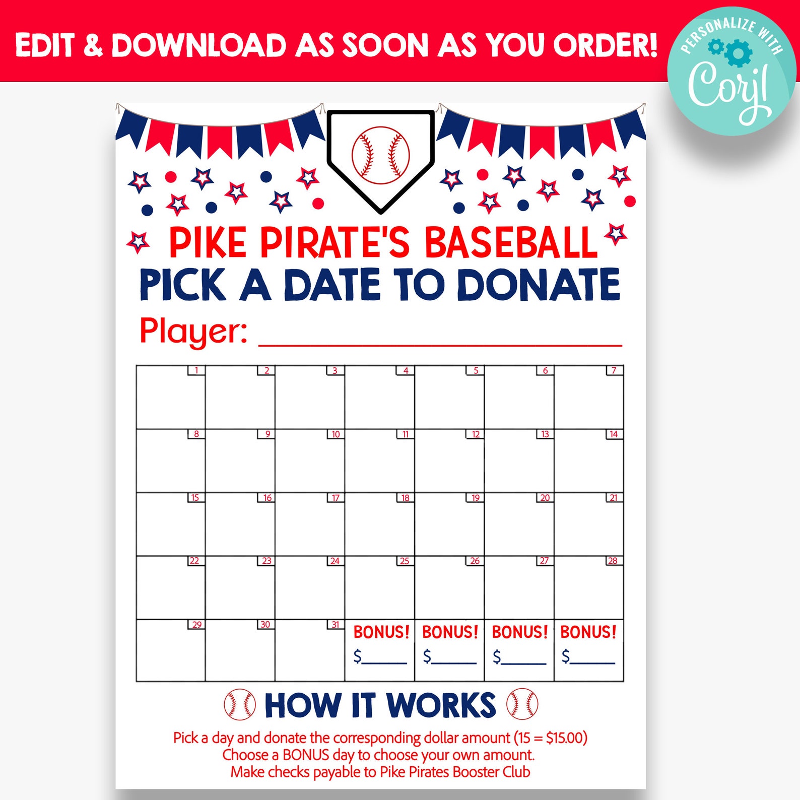 EDITABLE Pick a Date to Donate Printable Baseball Team - Etsy