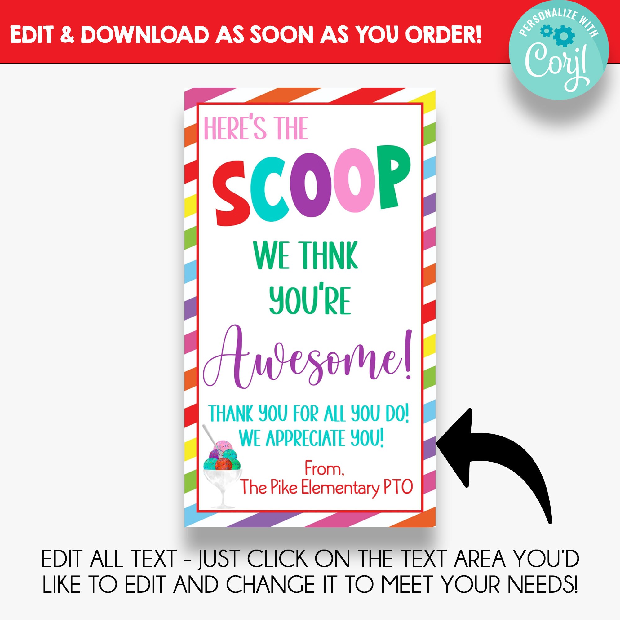 EDITABLE Here's the Scoop Rectangle Ice Cream Appreciation - Etsy