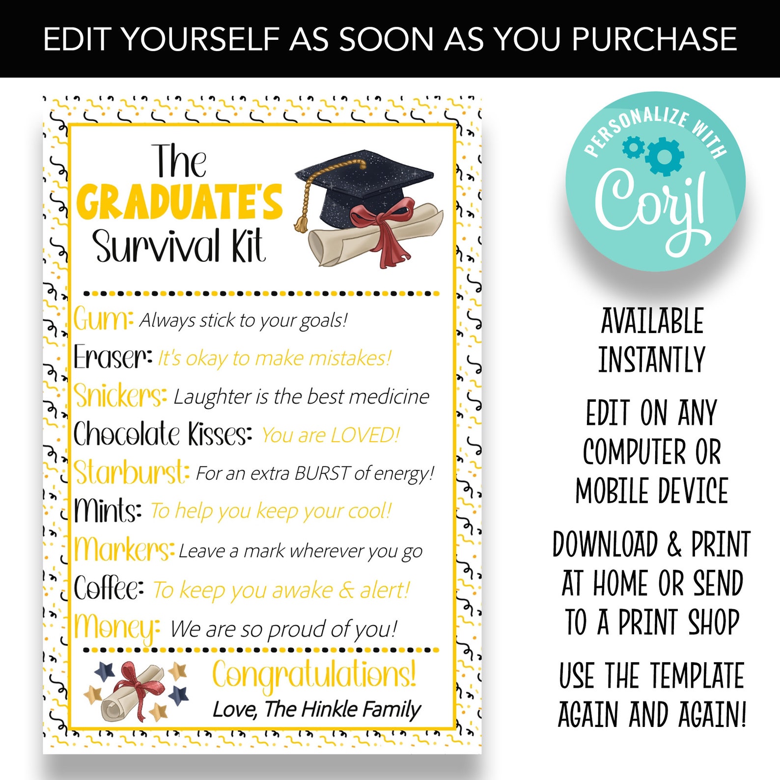 EDITABLE the Graduate's Survival Kit Tag | Graduation Gift Idea ...