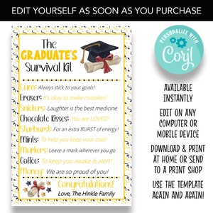 EDITABLE the Graduate's Survival Kit Tag | Graduation Gift Idea ...