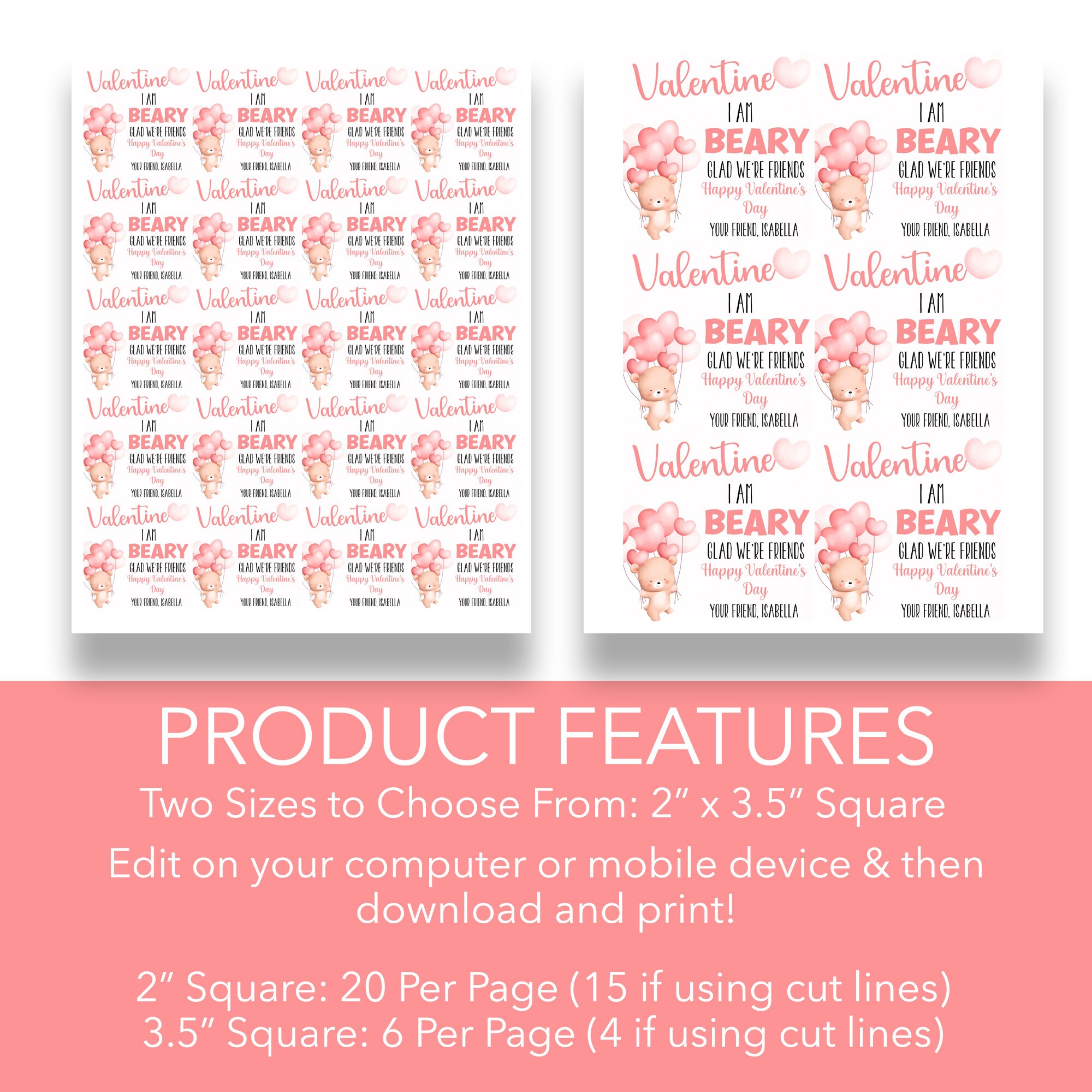 EDITABLE I'm Beary Glad We're Friends Valentine Gift Tags | Gummy Bear ...