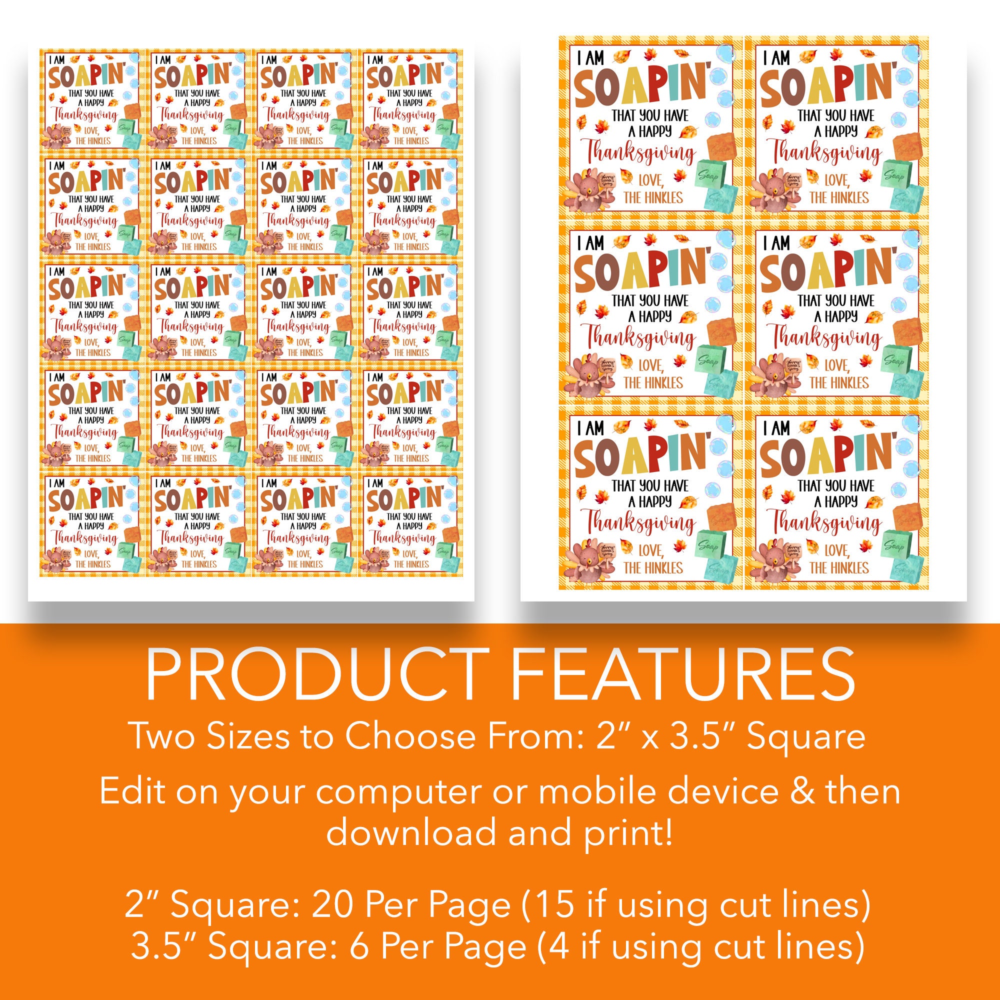 EDITABLE Soapin' You Have a Happy Thanksgiving Square Gift Tag | Soap ...