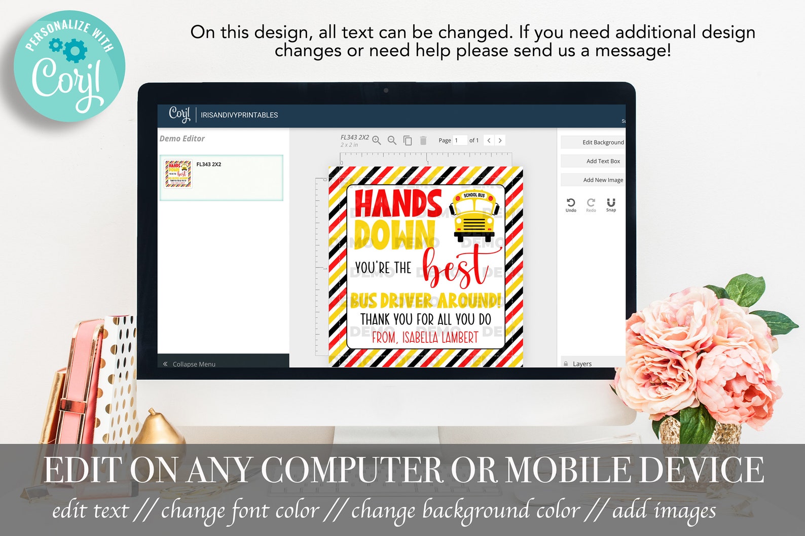 EDITABLE Hands Down You're the Best Bus Driver Around Square Gift Tag ...